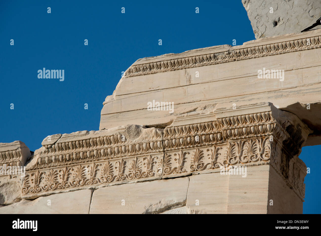 Greece, Athens, Acropolis. Erectheum, detail of carved stone ruins ...