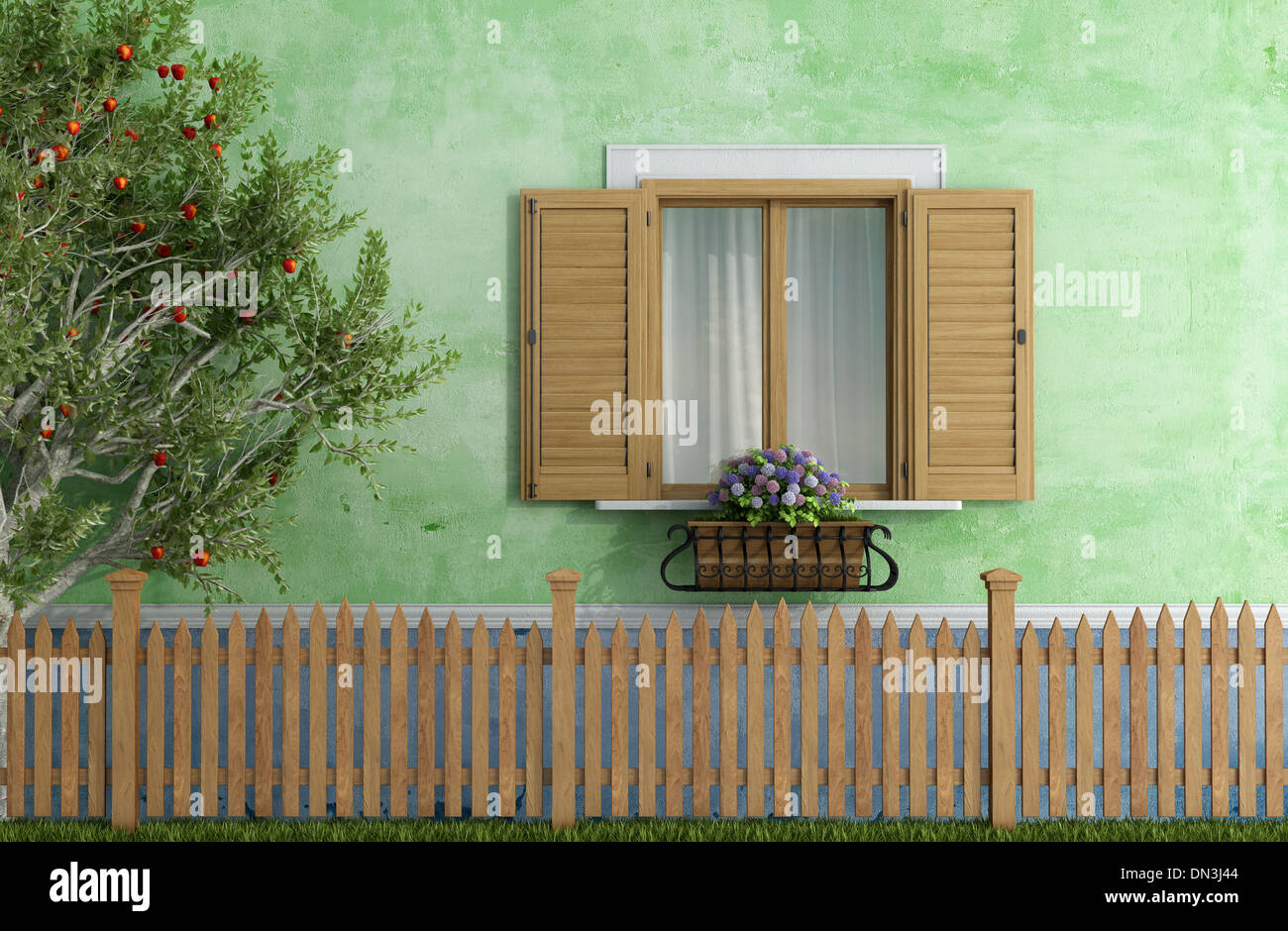 Detail of an old house with wooden fence and apple tree - rendering ...