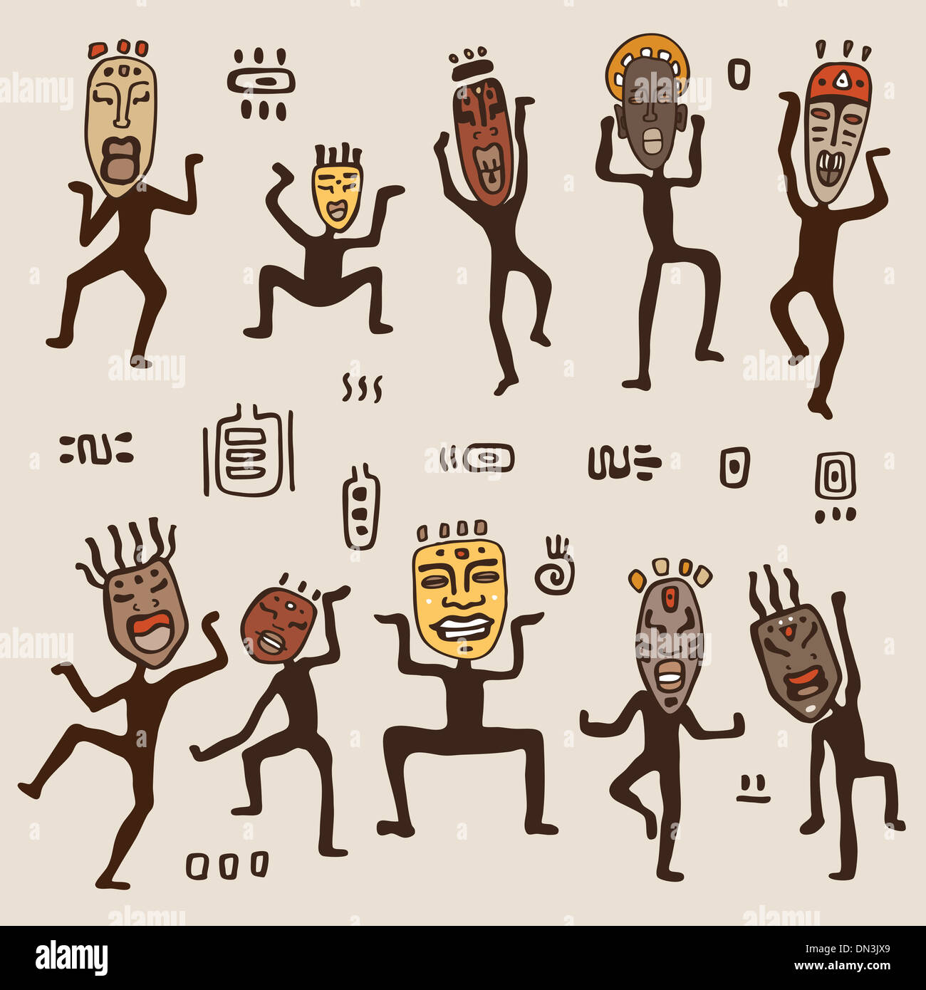 Dancing figures wearing African masks. Primitive art. Vector ...