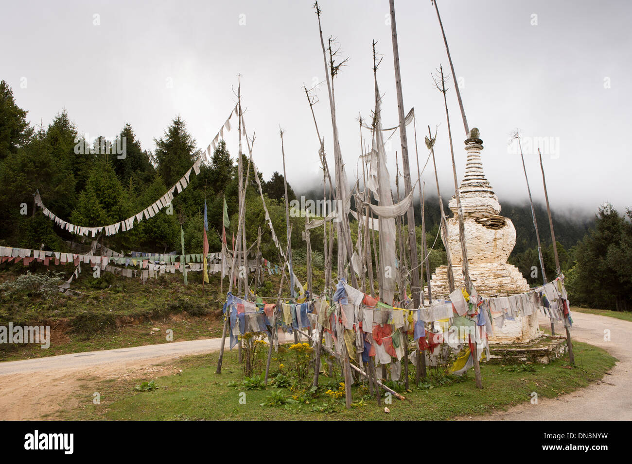 Eastern Bhutan, Shertang La Pass, prayer flags and old whitewashed ...