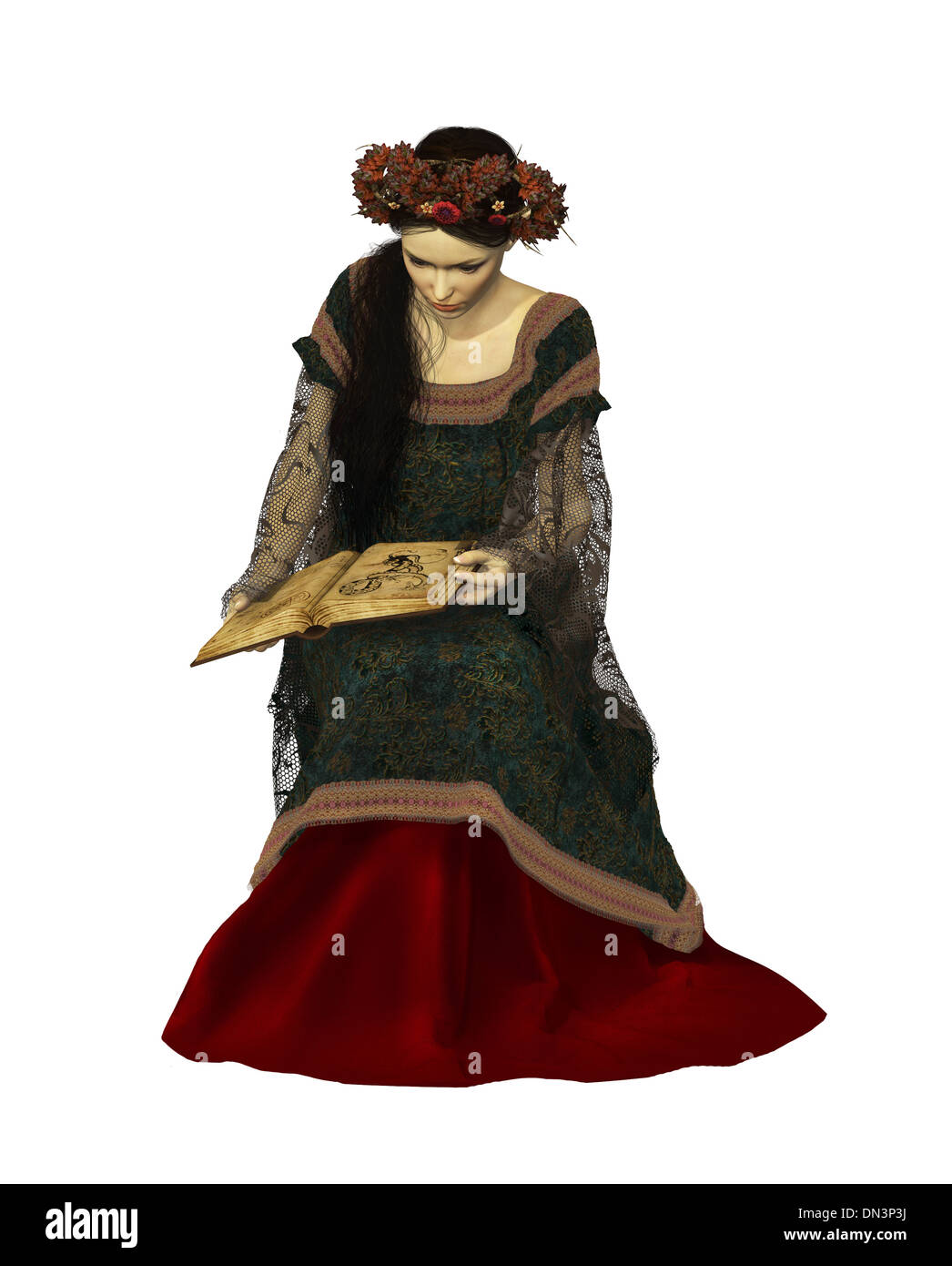 3d computer graphics of a lady in a medieval gown reading a book Stock ...