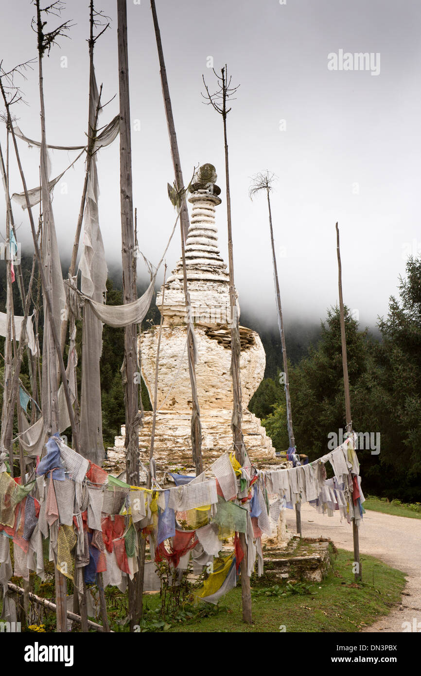 Eastern Bhutan, Shertang La Pass, prayer flags and old whitewashed ...