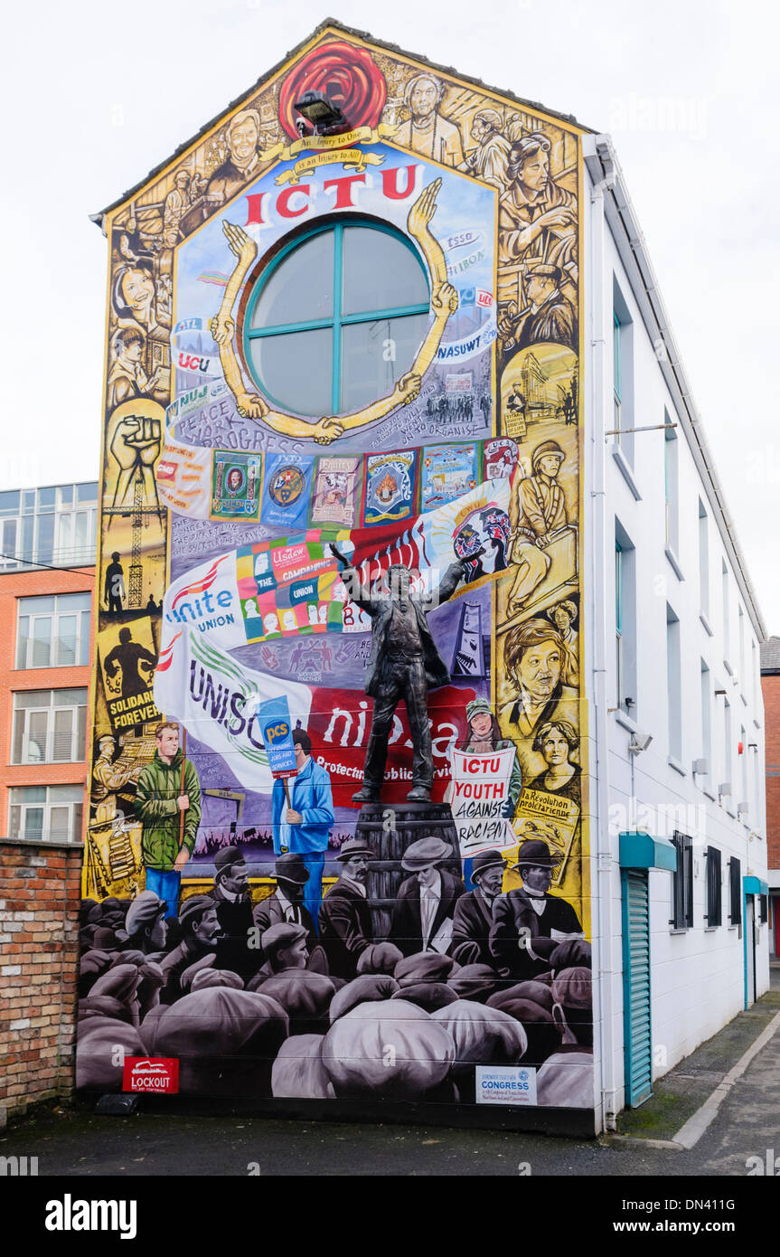 The Irish Congress of Trade Unions wall in Belfast, with the bronze ...