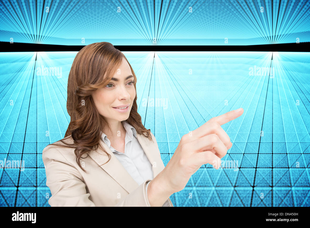 Composite image of businesswoman pressing an invisible key Stock Photo ...