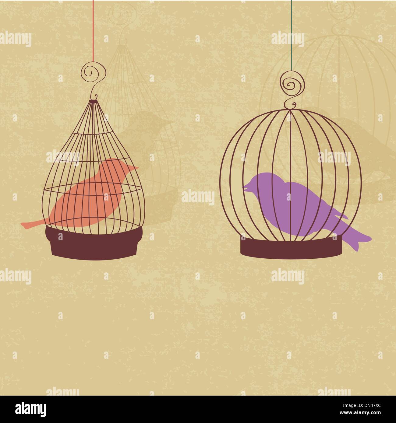 Vintage card with two cute birds in retro cages Stock Vector Image ...