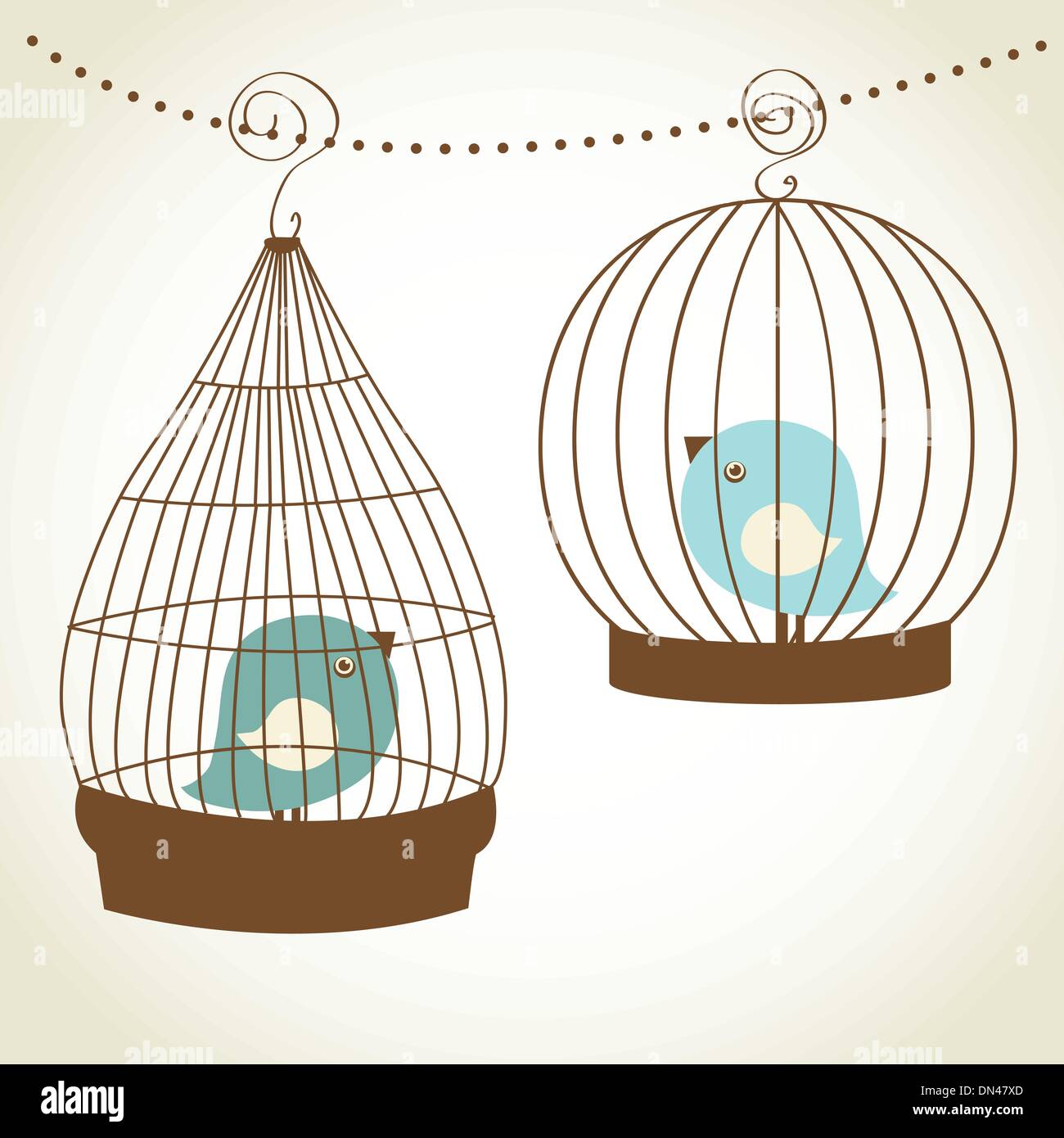 Vintage card with two cute birds in retro cages Stock Vector Image ...
