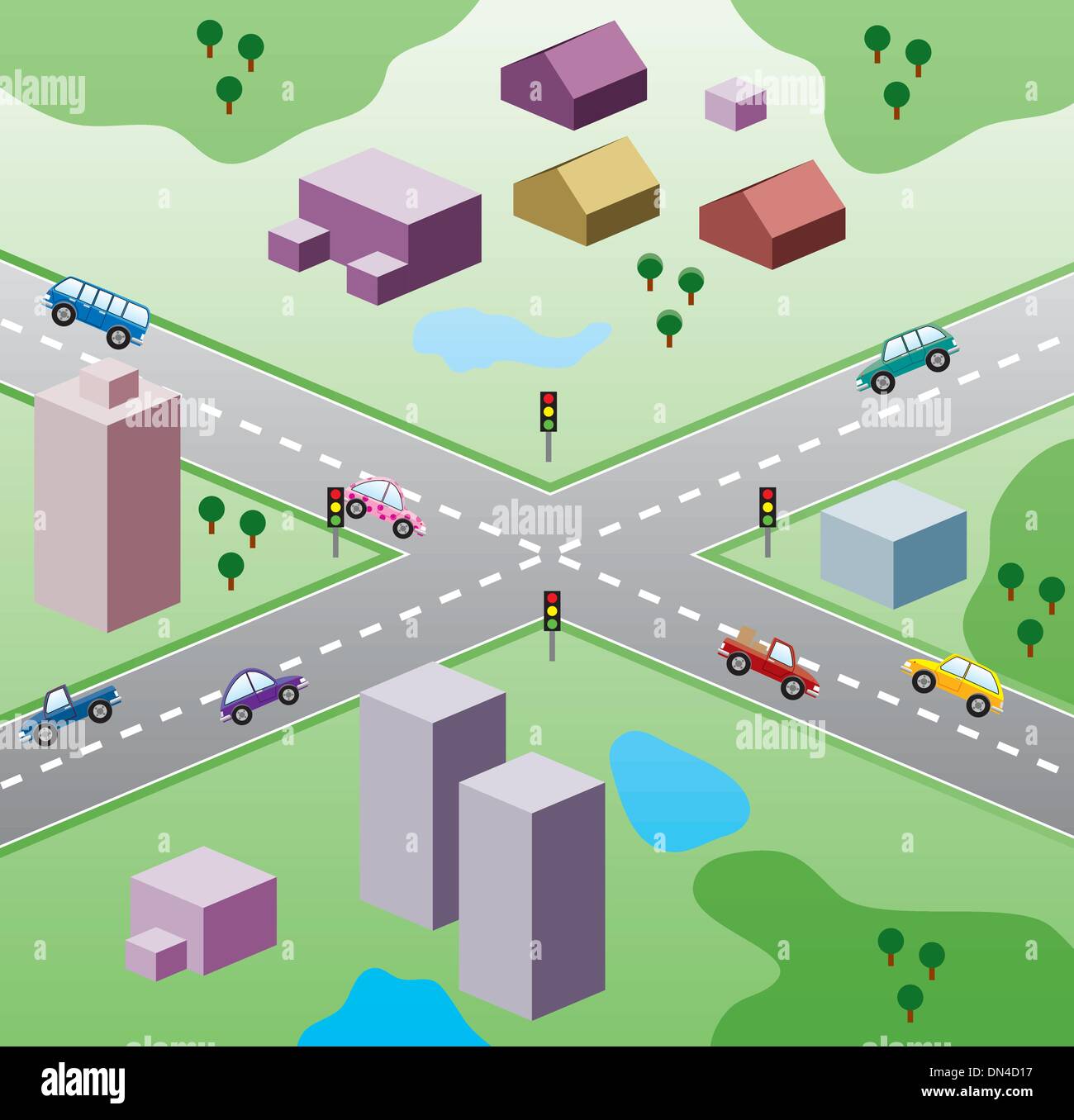vector illustration with houses, and cars on the road Stock Vector ...