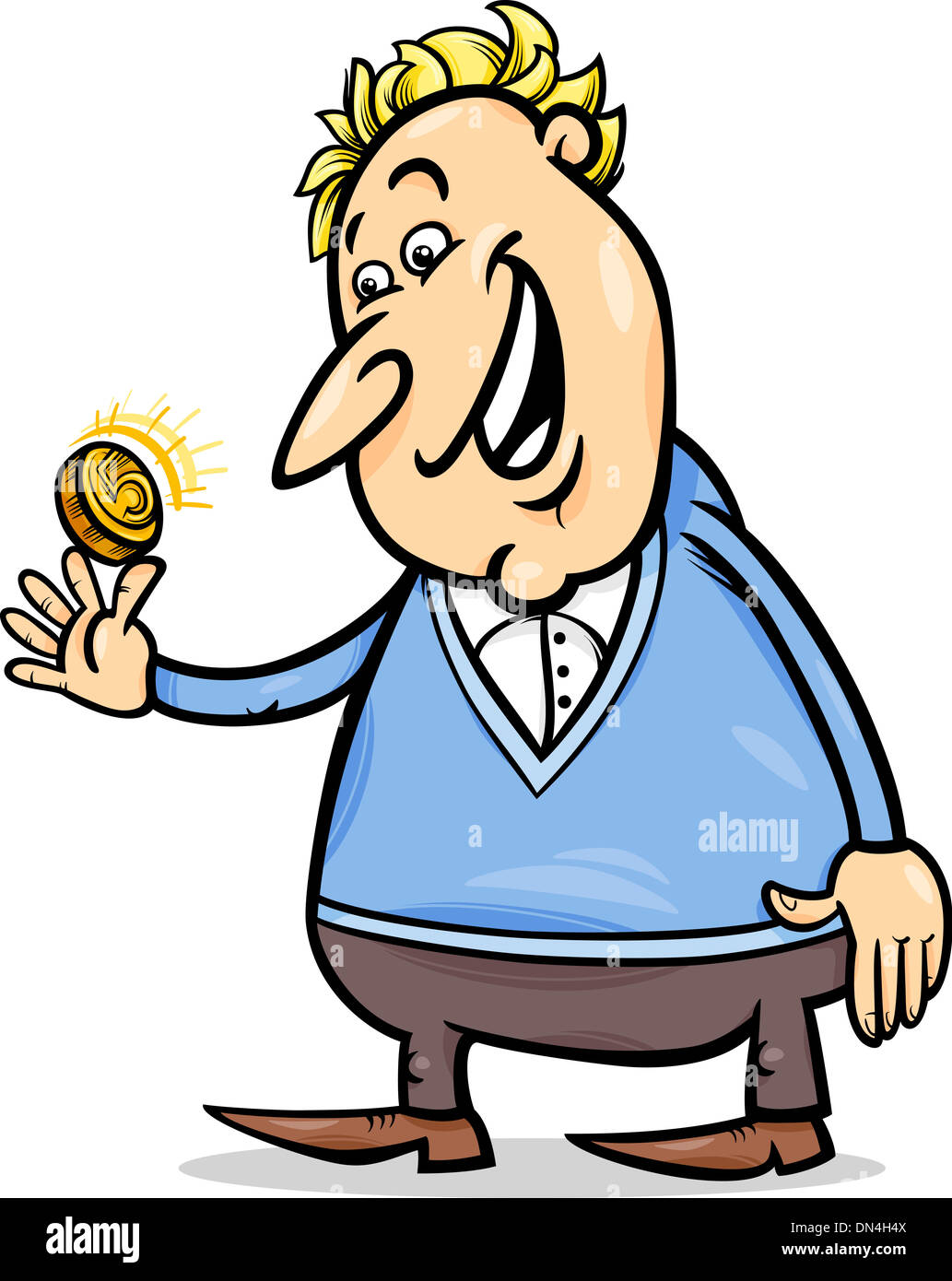 Concept Cartoon Illustration of Lucky Man with Golden Coin Stock Photo ...