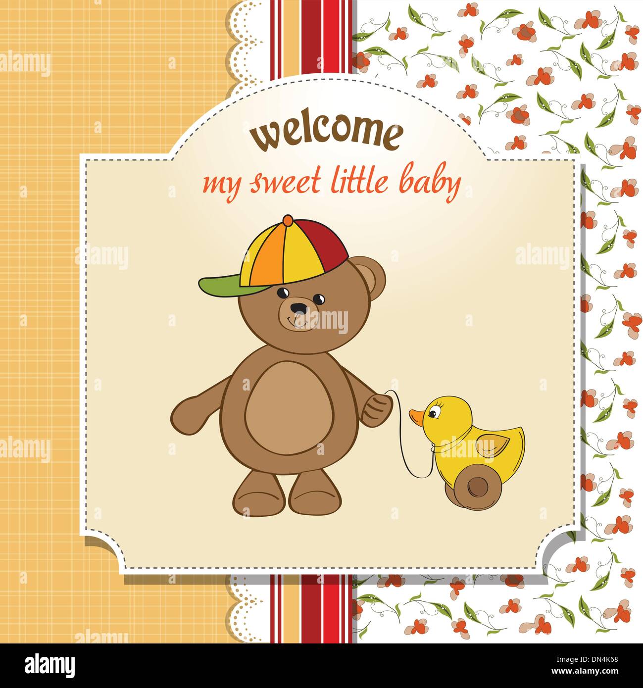 welcome baby card with boy teddy bear and his duck Stock Vector Image ...