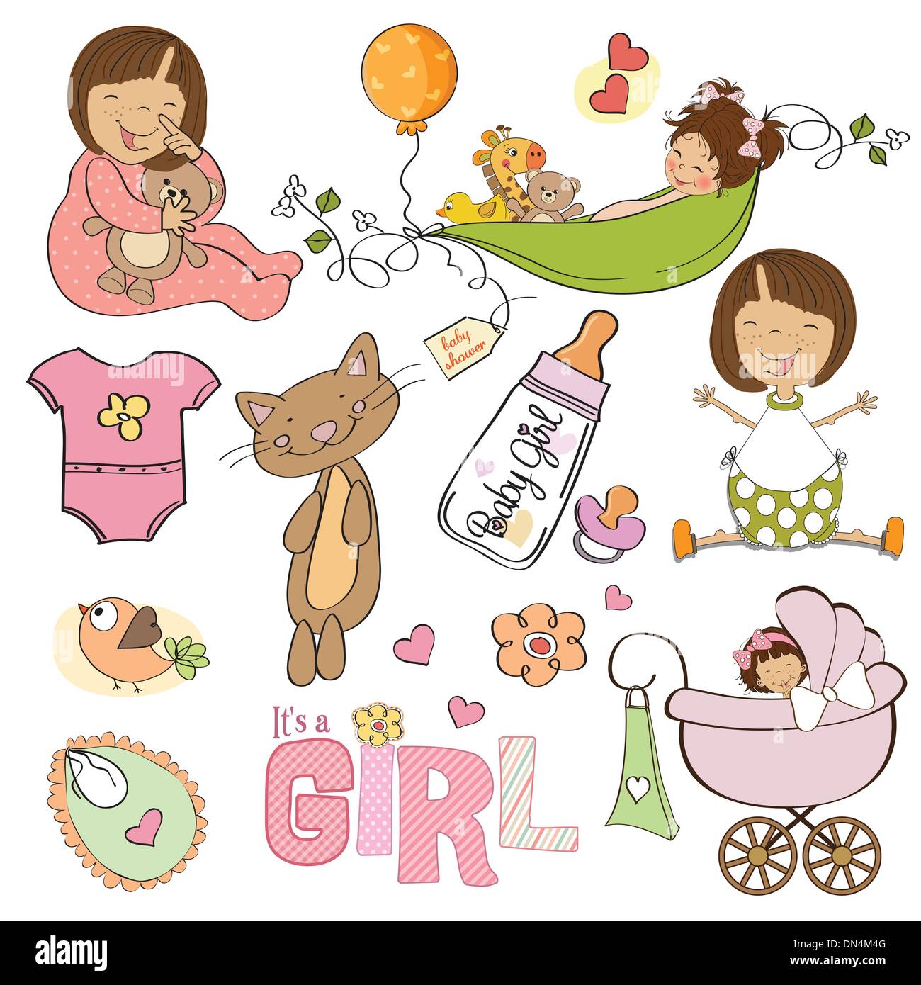 new baby girl, elements set isolated on white background Stock Vector ...