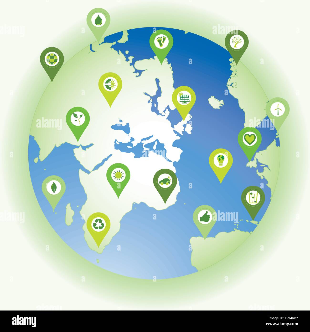 Globe showing a set of pinpoint icons of bio eco environmental s Stock ...