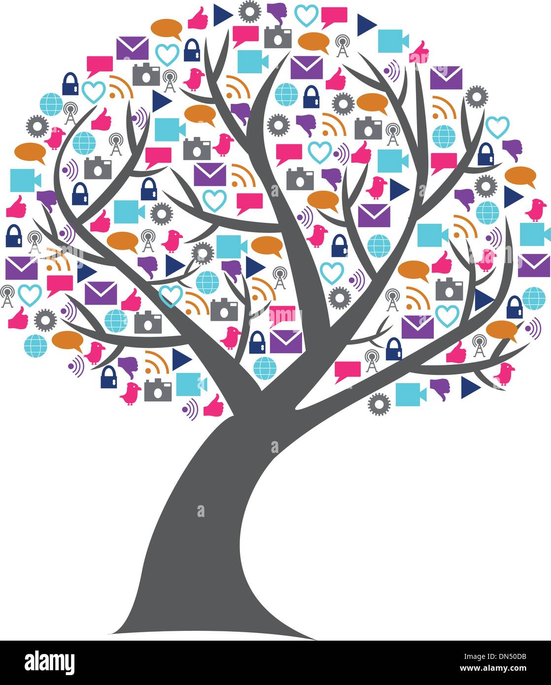 Social technology and media tree filled with networking icons Stock ...