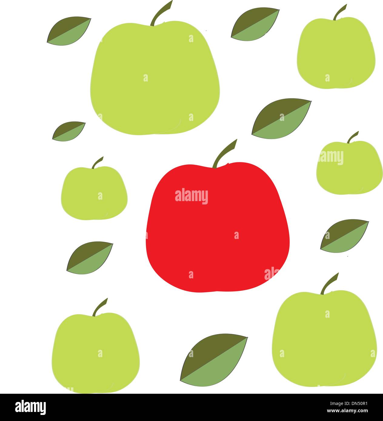 Set Of Red And Green Apple Fruits With Cut And Green Leaves Stock