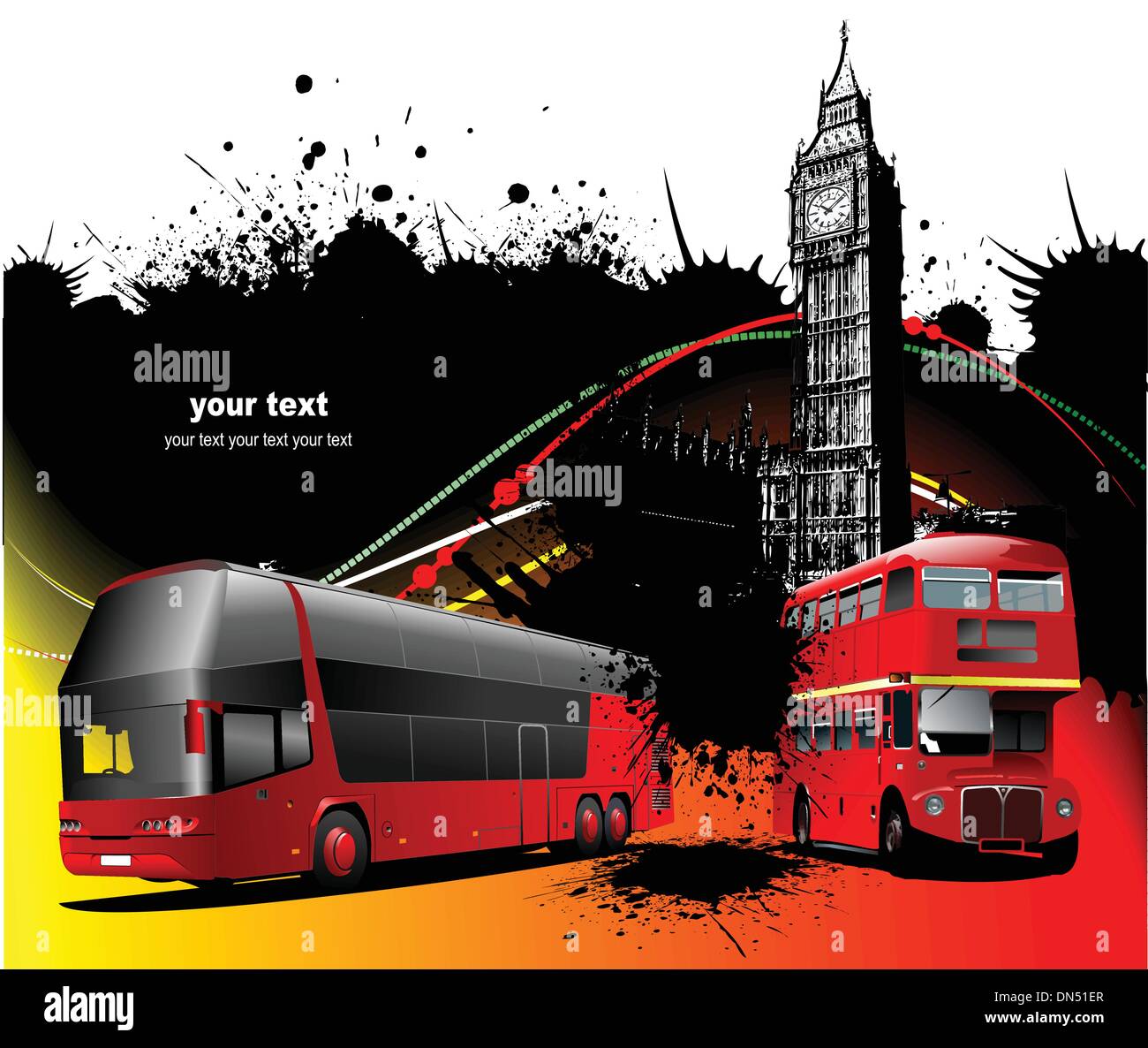 London background with two generations of double Decker red bus Stock ...