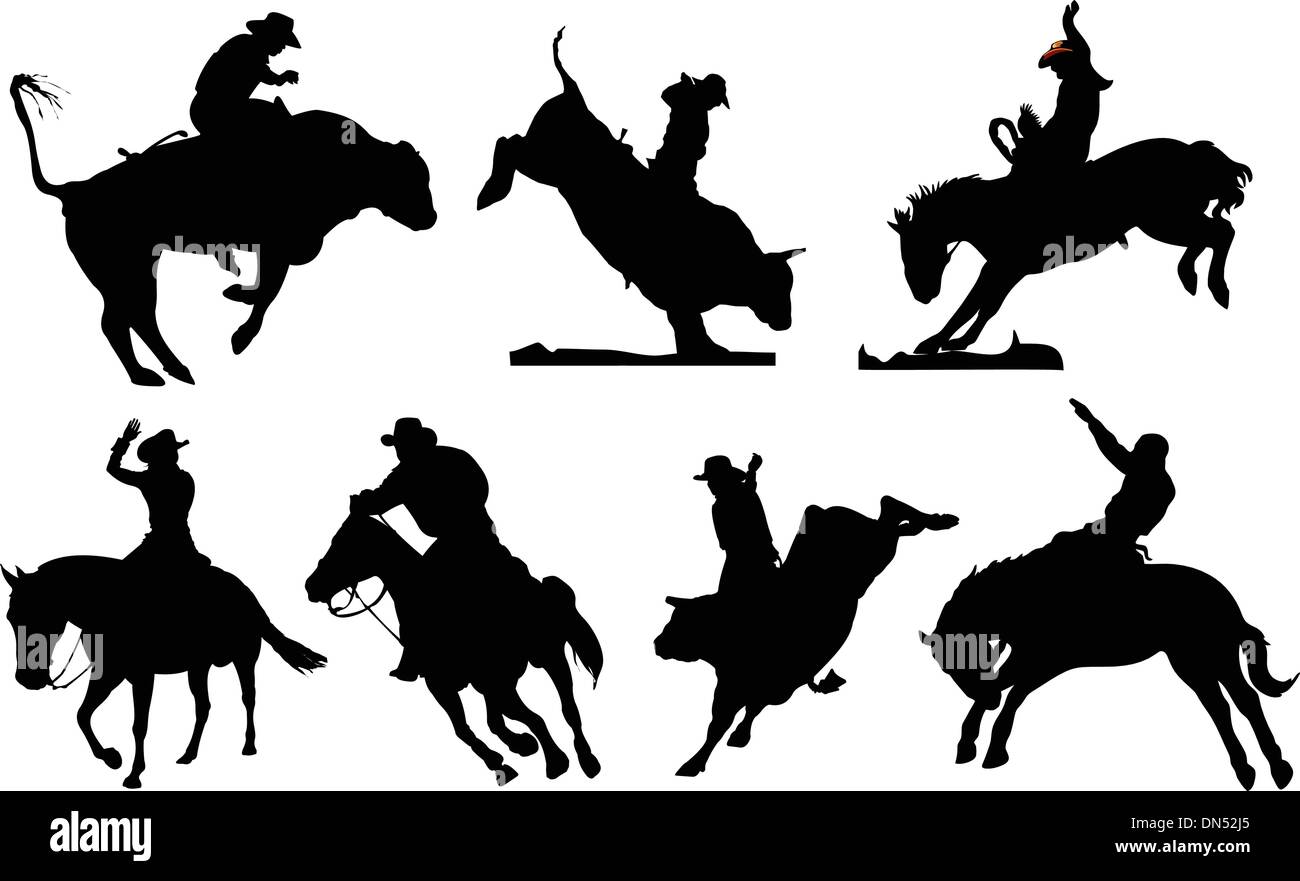 Seven rodeo silhouettes. Black and white Vector illustration Stock ...