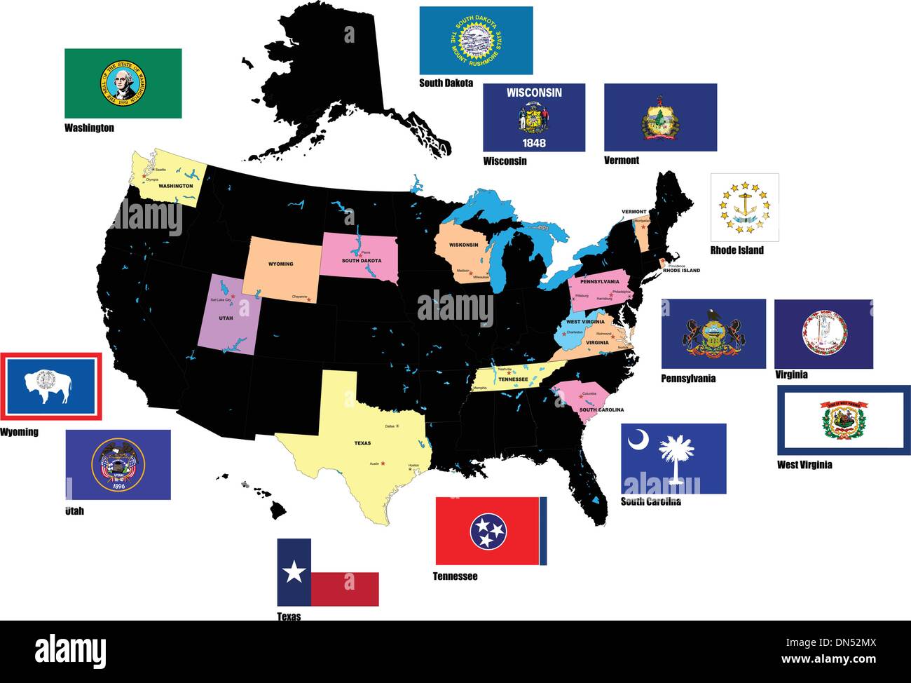 Flags of the USA states by alphabet. Letters P-W. Vector illustr Stock ...