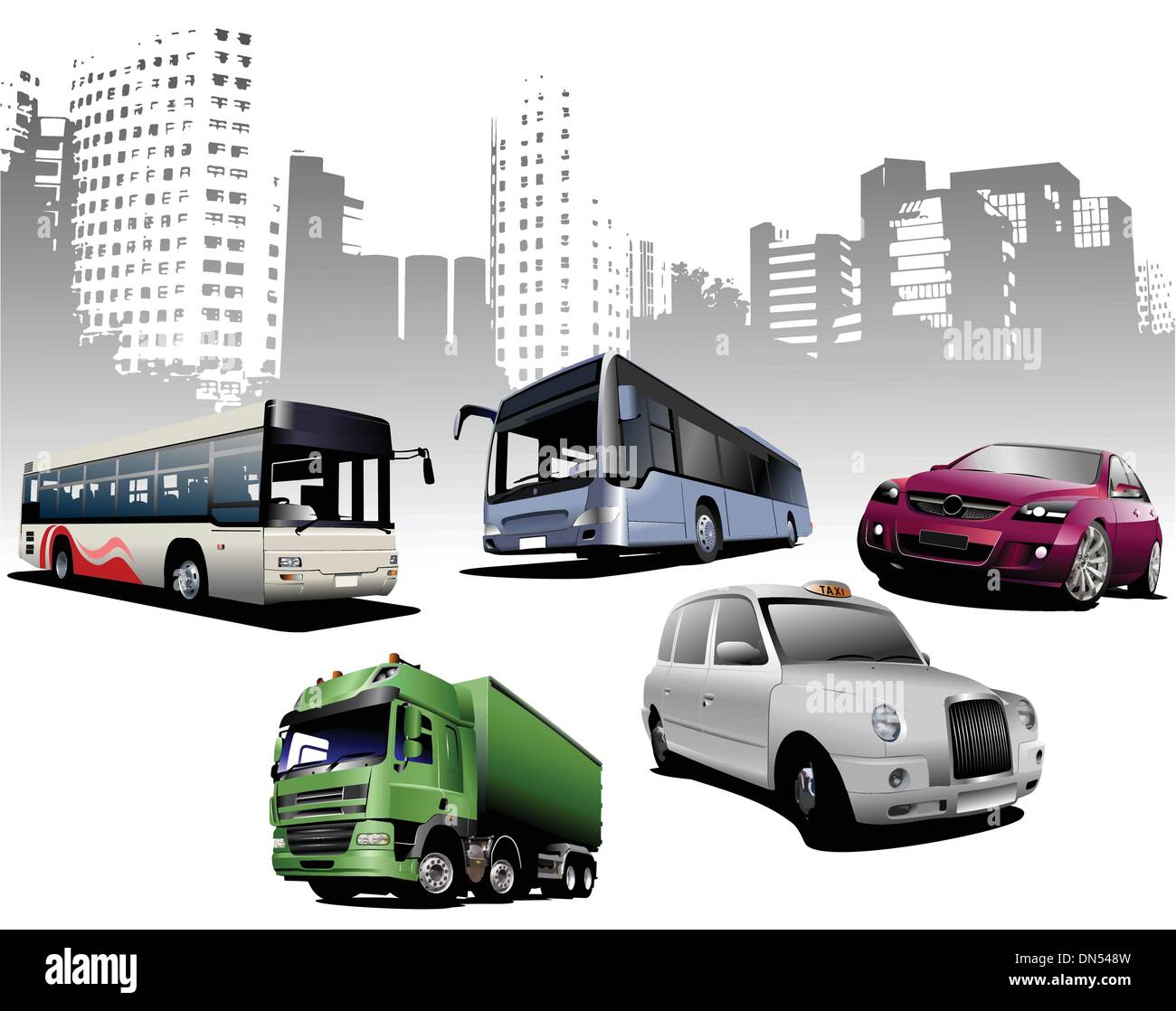 Five examples of city transport on urban background. Vector Stock ...