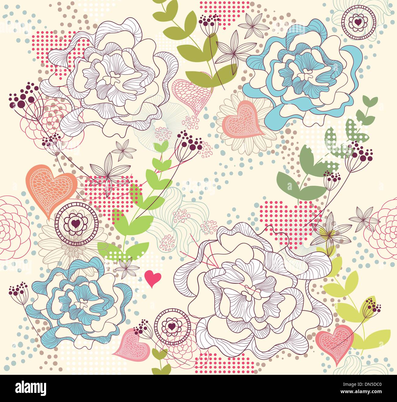 Cute colorful seamless pattern with flowers and hearts Stock Vector ...