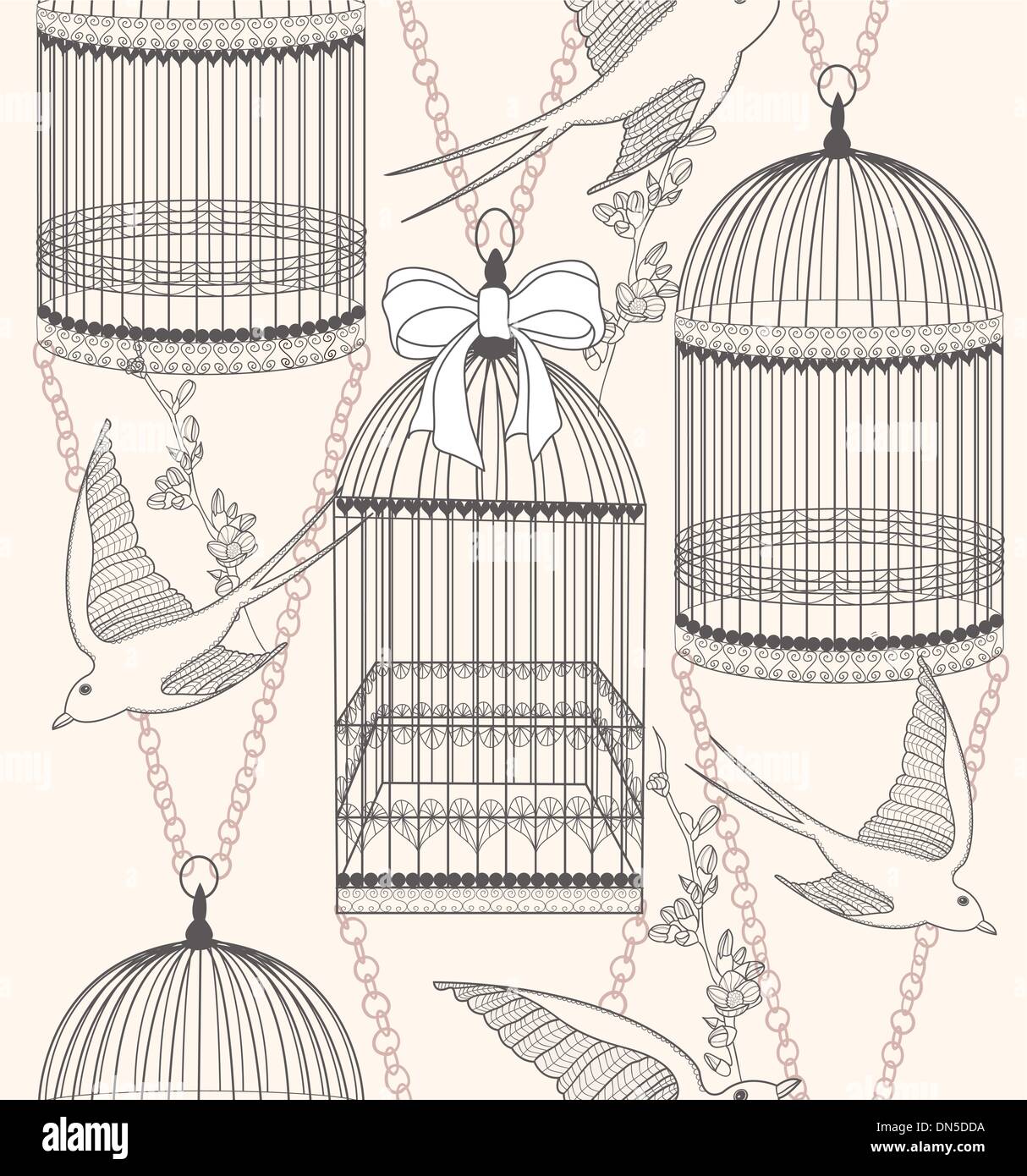 Seamless pattern with birdcages, flowers and birds Stock Vector Image ...