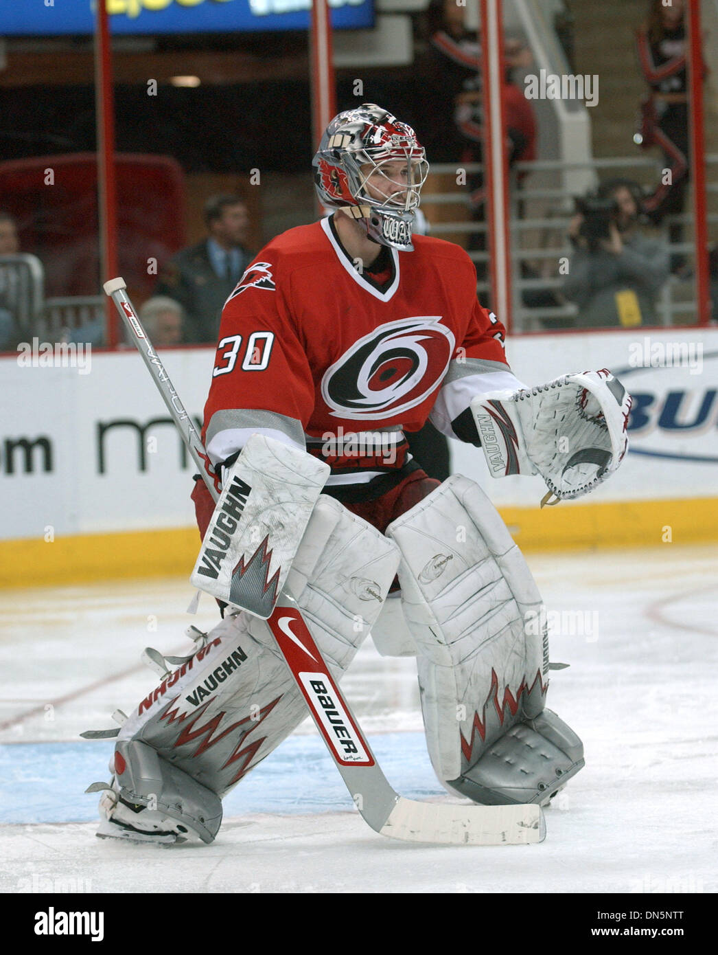 Nov 18, 2006; Raleigh, NC, USA; NHL Ice Hockey: Carolina Hurricanes Goalie CAM WARD blocks a ...