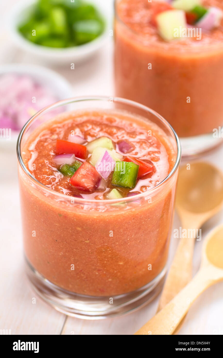 Traditional Spanish cold vegetable soup made of tomato, cucumber, bell ...