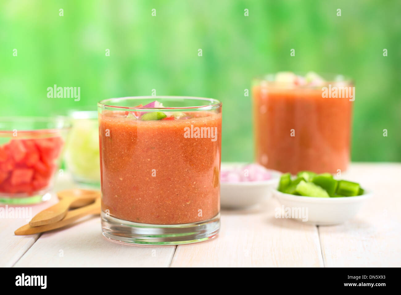 Traditional Spanish cold vegetable soup made of tomato, cucumber, bell ...