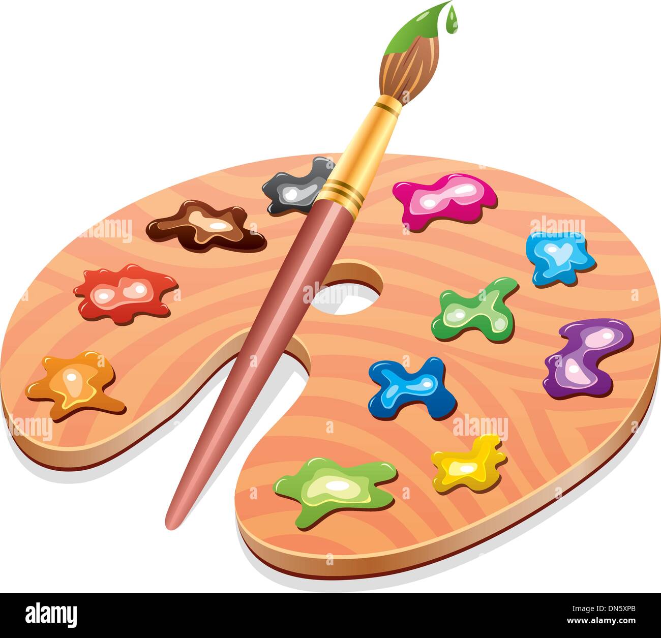 wooden art palette with blobs of paint and a brush Stock Vector Image ...