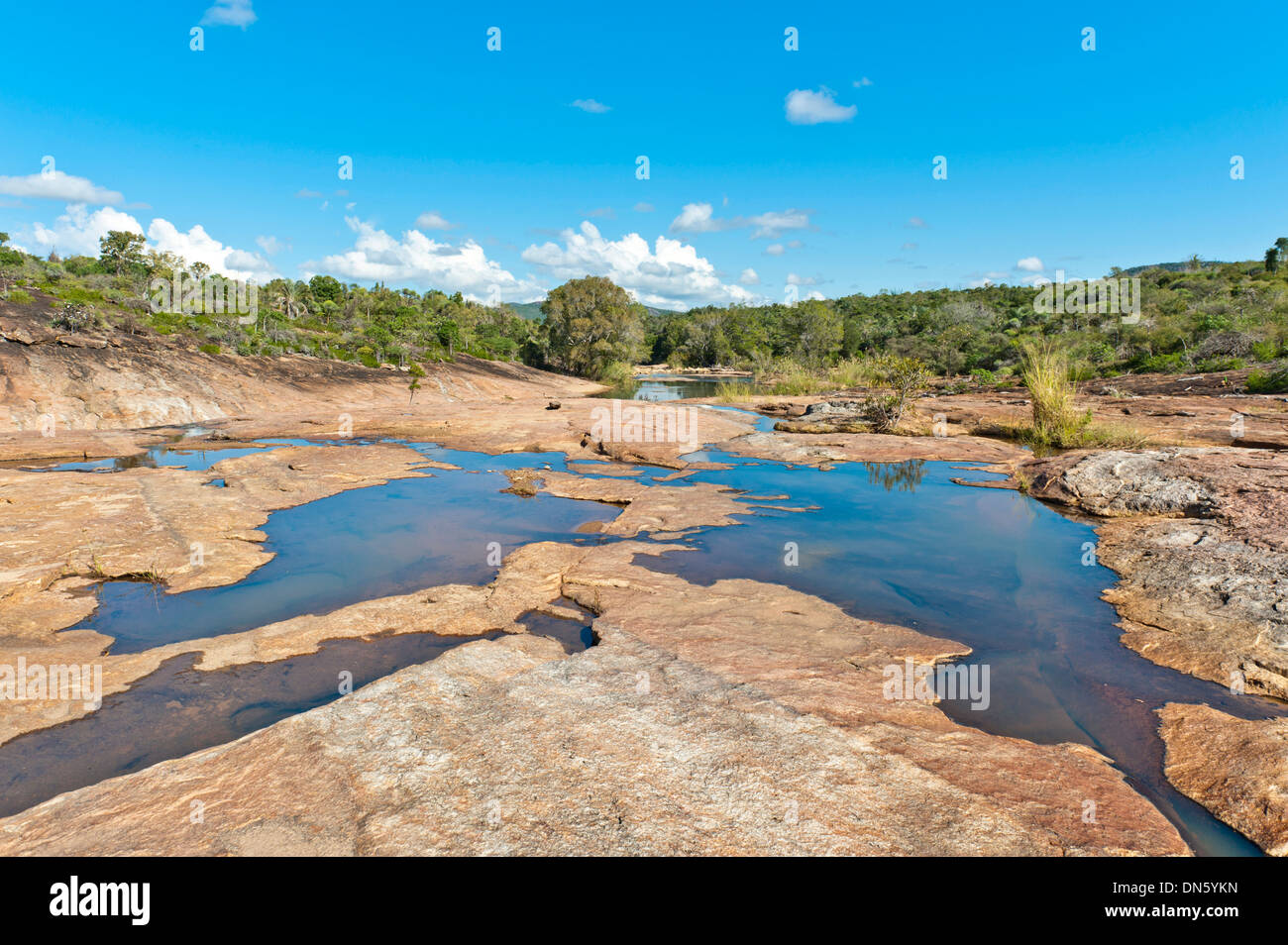 Tropical dry forest landscape with river and rocks, rocky riverbed ...