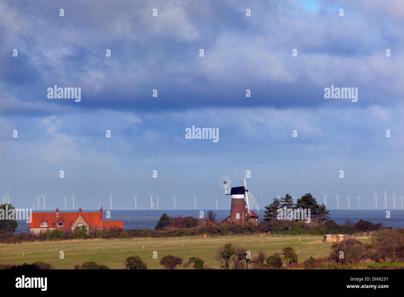 Historic Windmill and Sheringham Shoal wind farm in the North sea from ...