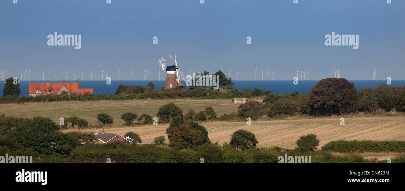 Windmill and Sheringham Shoal wind farm in the North sea at Weybourne ...