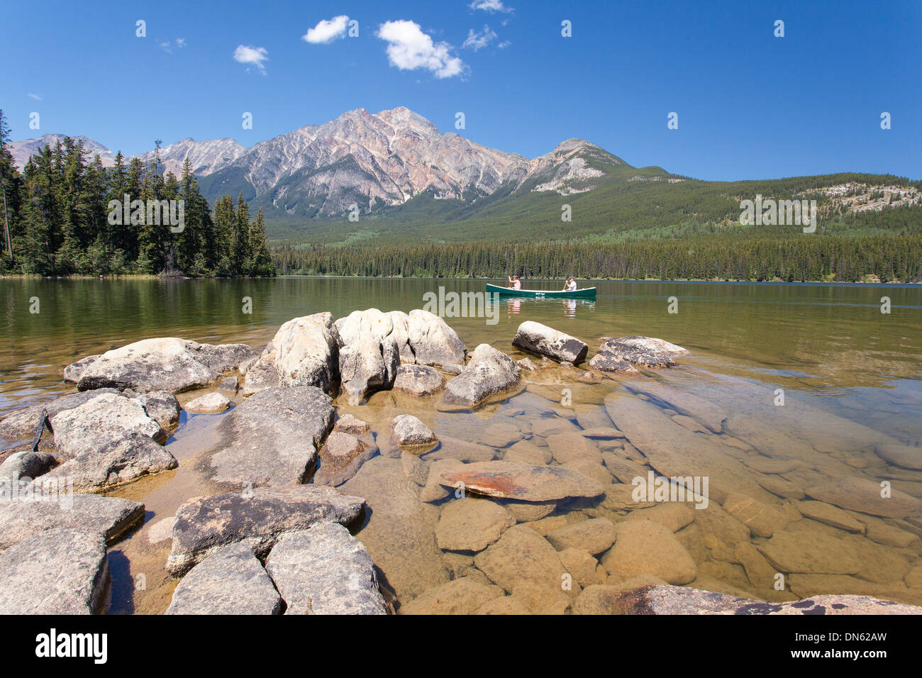 Paddlers, Pyramid Lake, Pyramid Mountain, Jasper, Canada Stock Photo ...