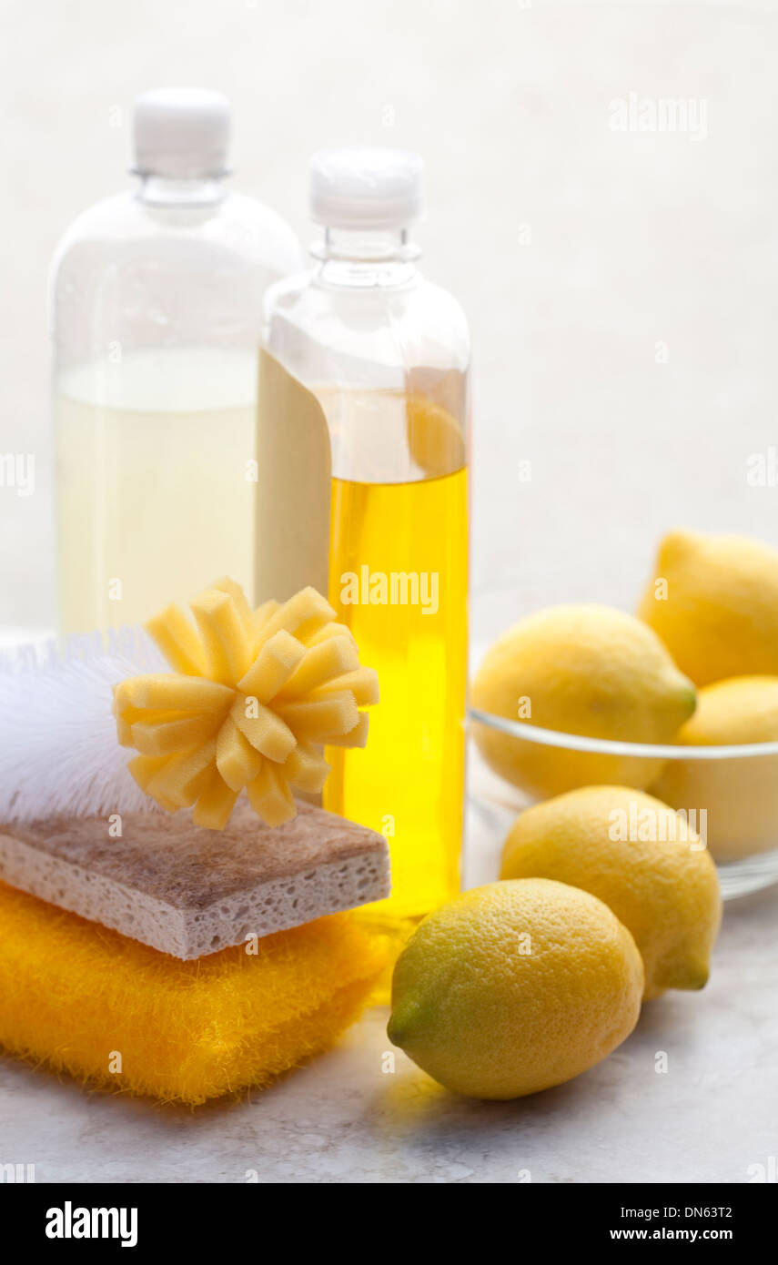 Scrubber, sponges, cleaning soap and lemons Stock Photo - Alamy