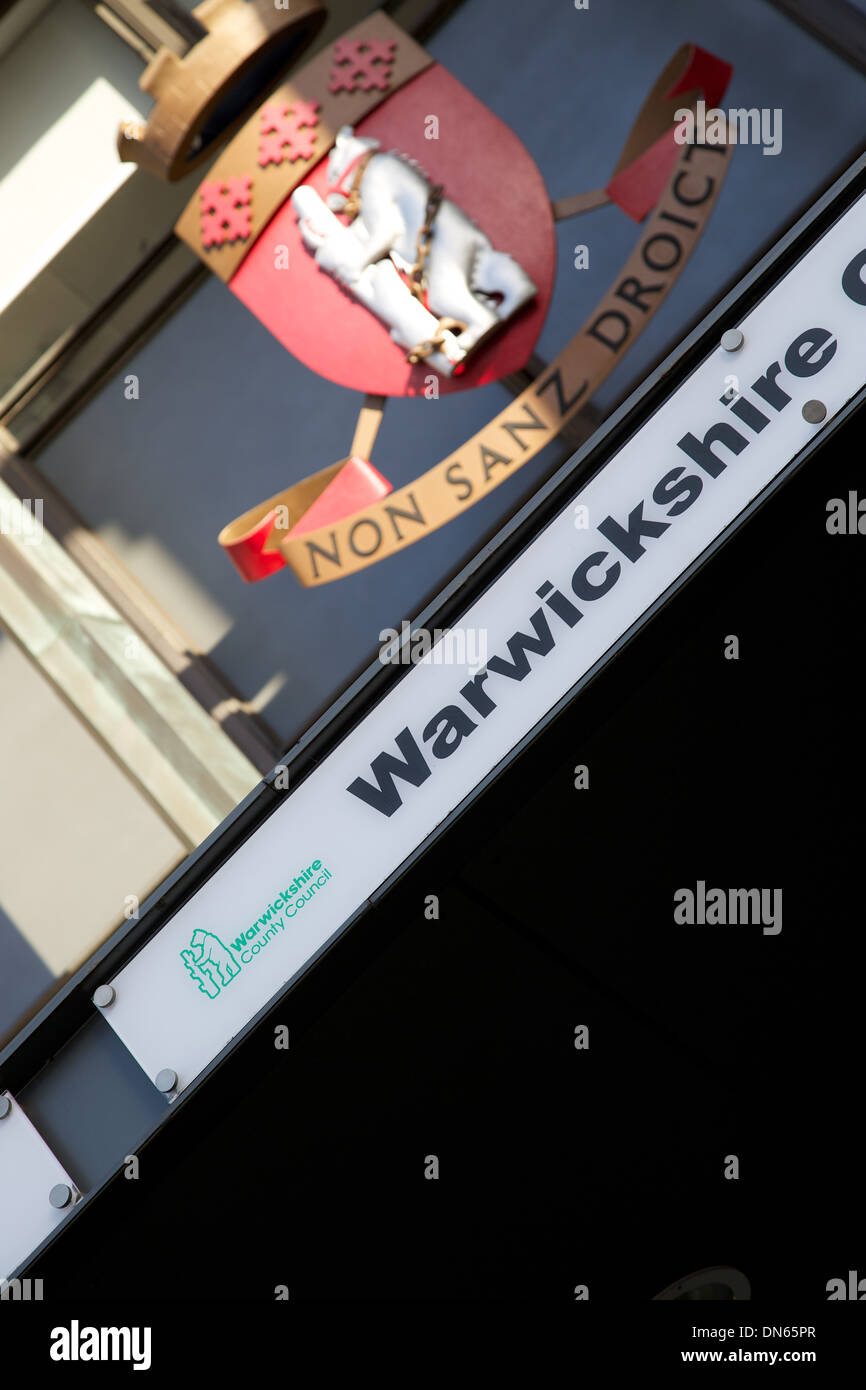 Crest and sign outside the headquarters of Warwickshire County Council ...