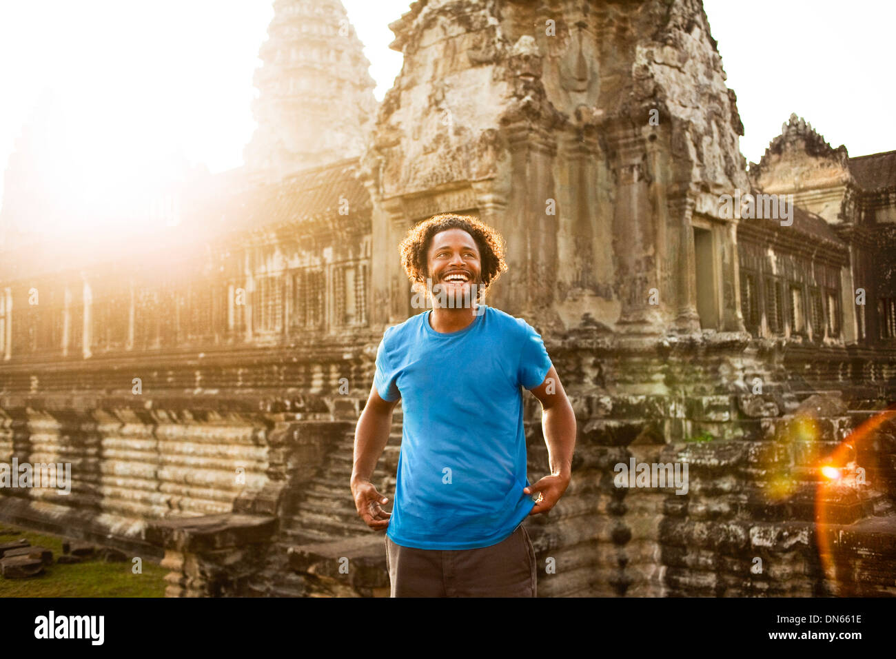 Man visiting ancient temple, Angkor, Siem Reap, Cambodia Stock Photo ...