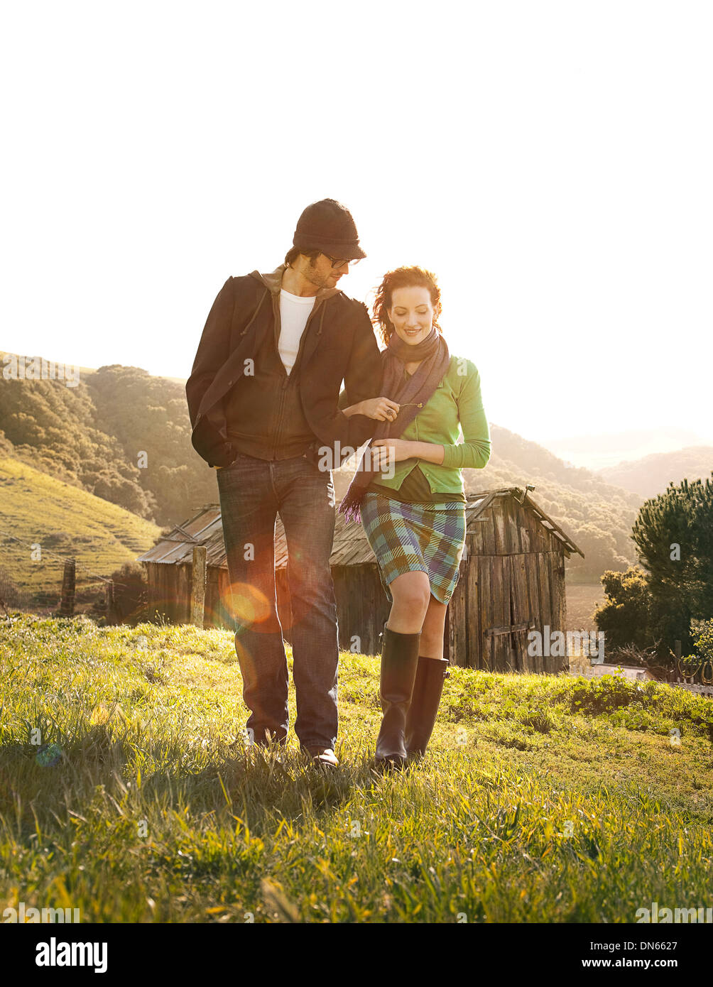 Two happy young women rural landscape looking view hi-res stock ...