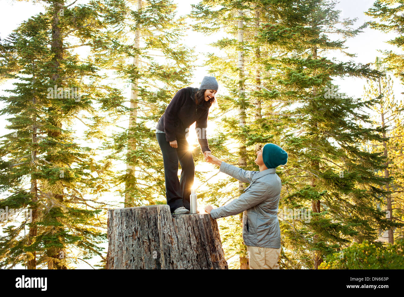 Couple playing on tree stump in forest Stock Photo - Alamy