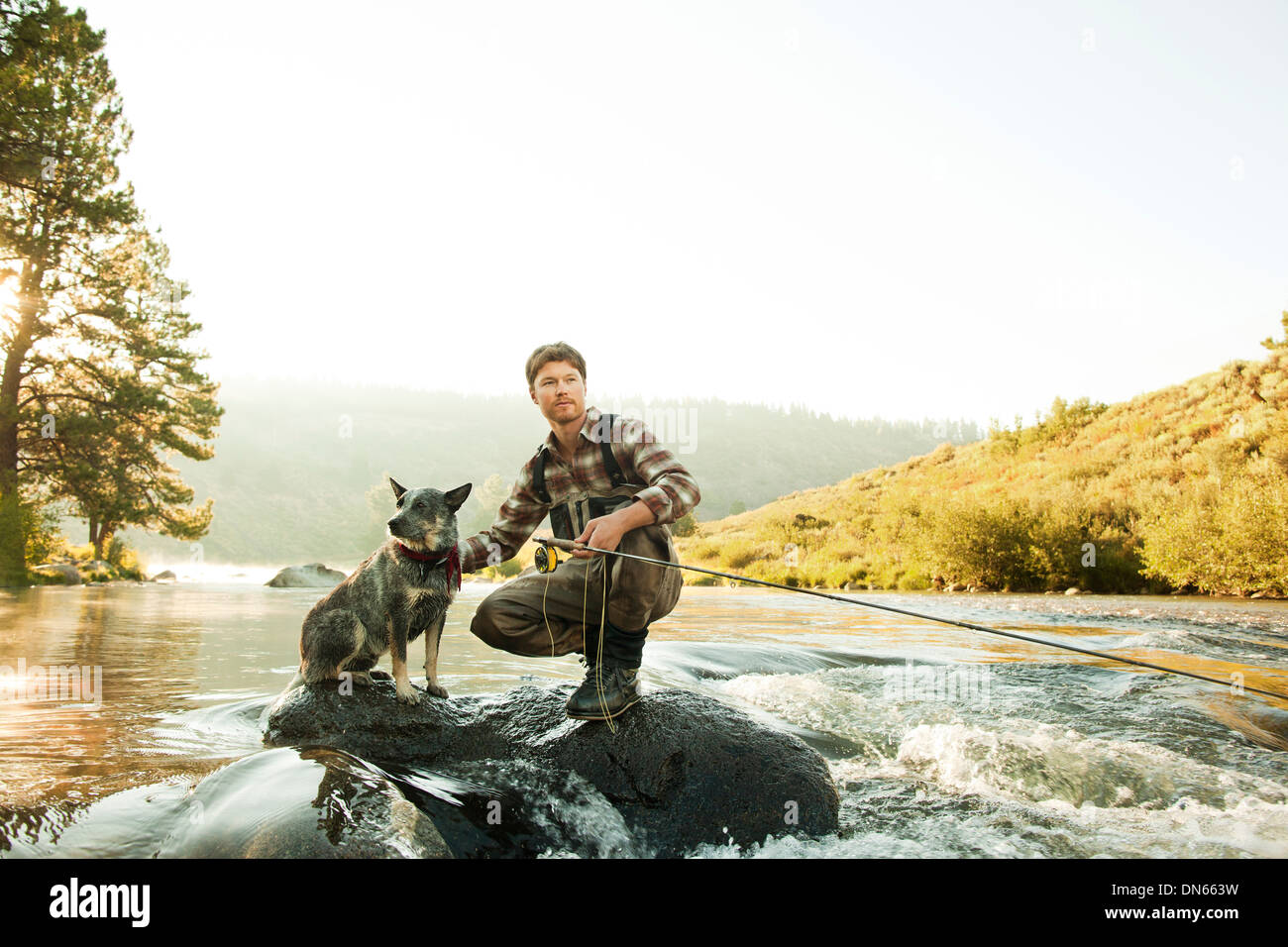 Man with dog fishing in river Stock Photo - Alamy
