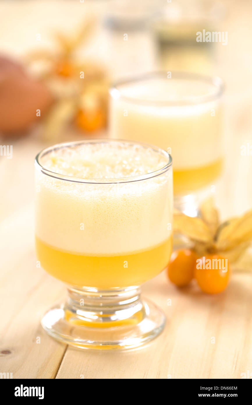 Peruvian cocktail called Aguaymanto Sour (Physalis Sour) prepared from ...