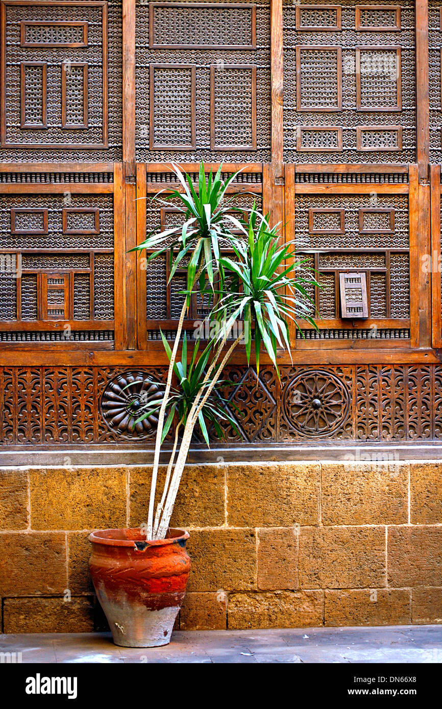 old nostalgic Cairo Egypt historic house window arabesk green tree wood ...