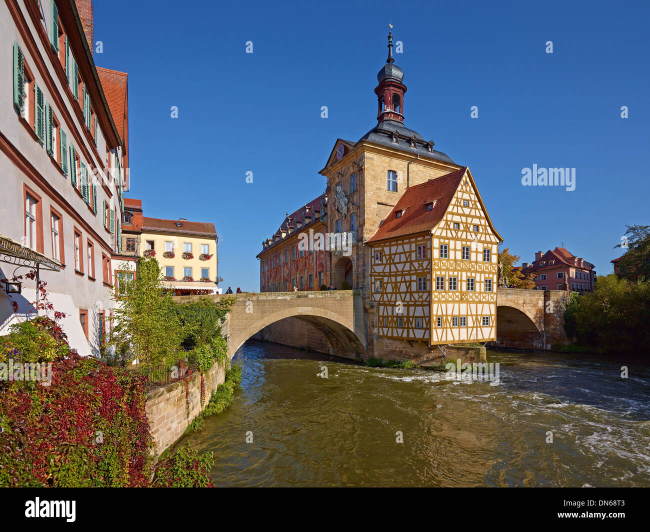 Old City Hall with bridge over the Regnitz river in Bamberg, Upper ...