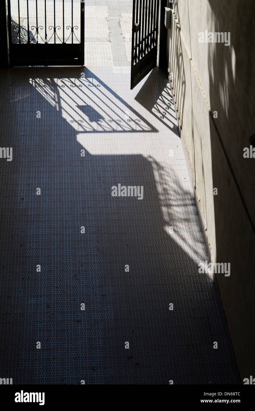 Open metal gate casting shadows down drive Stock Photo - Alamy