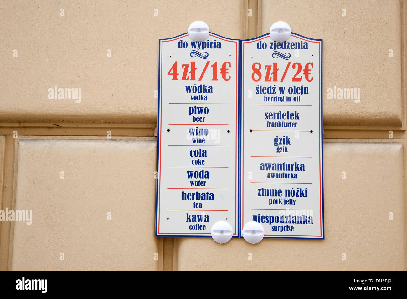 Food and Drink Menu in English and Spanish; Krakow; Poland Stock Photo ...