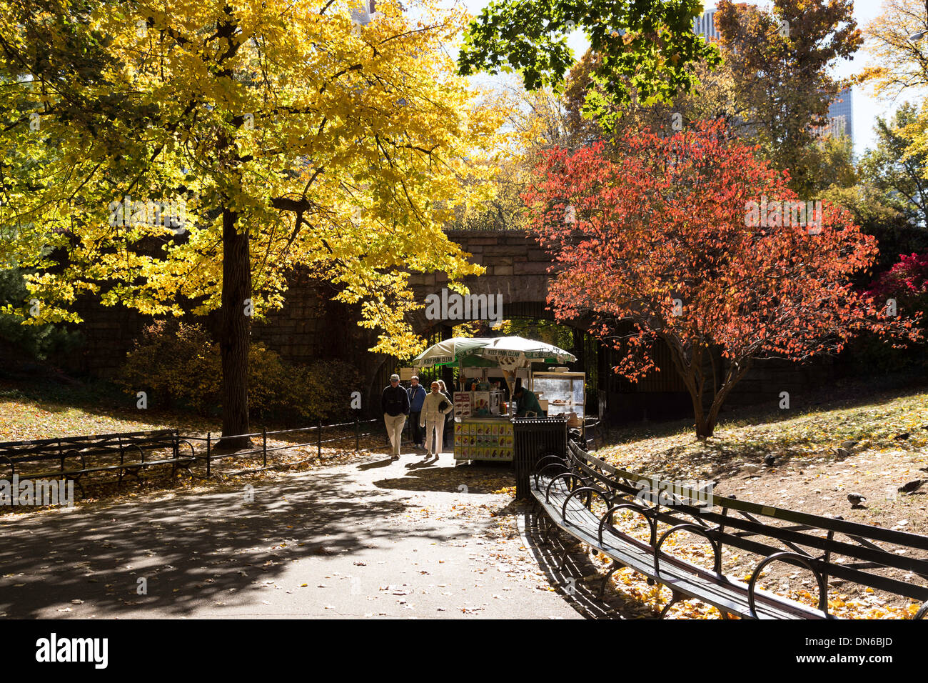 Food Cart on Park path, Central Park in Autumn, NYC, USA Stock Photo ...
