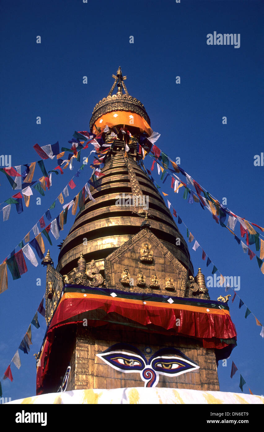 Ancient Stupa with colourful prayer flags in Bodhnath, Kathmandu, Nepal ...