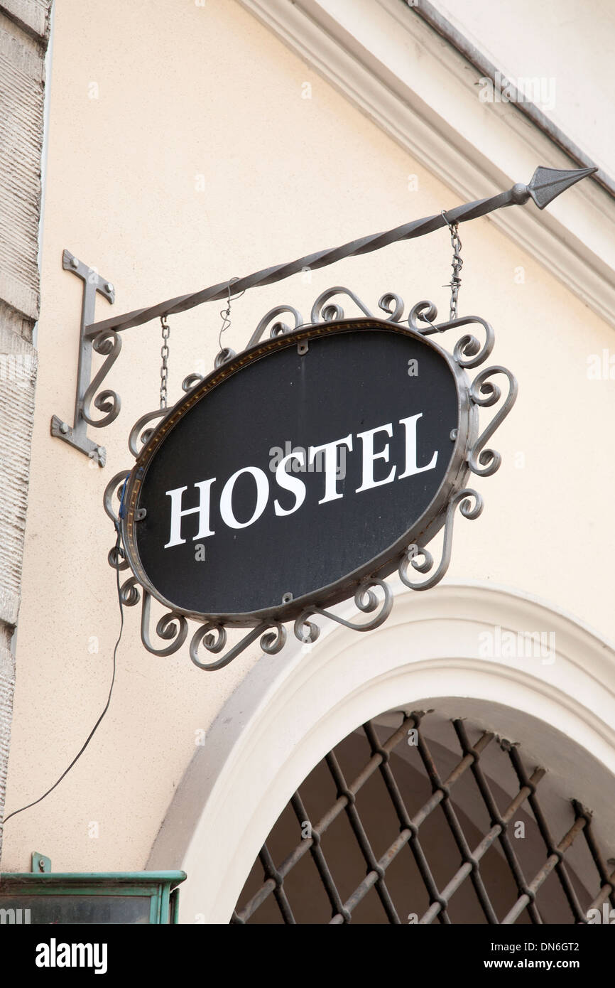 Hostel Sign in European City Stock Photo - Alamy