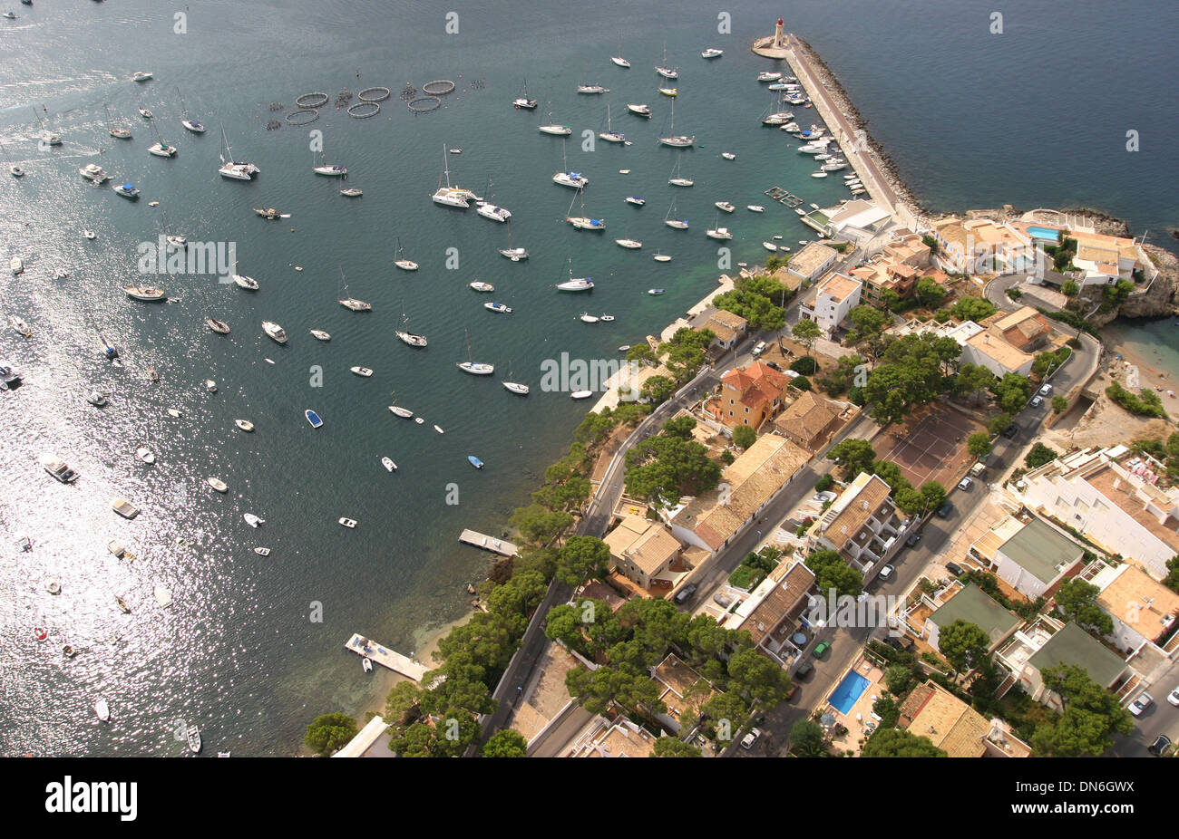 Aerial view from a populated shore are in the island of Majorca, Spain ...