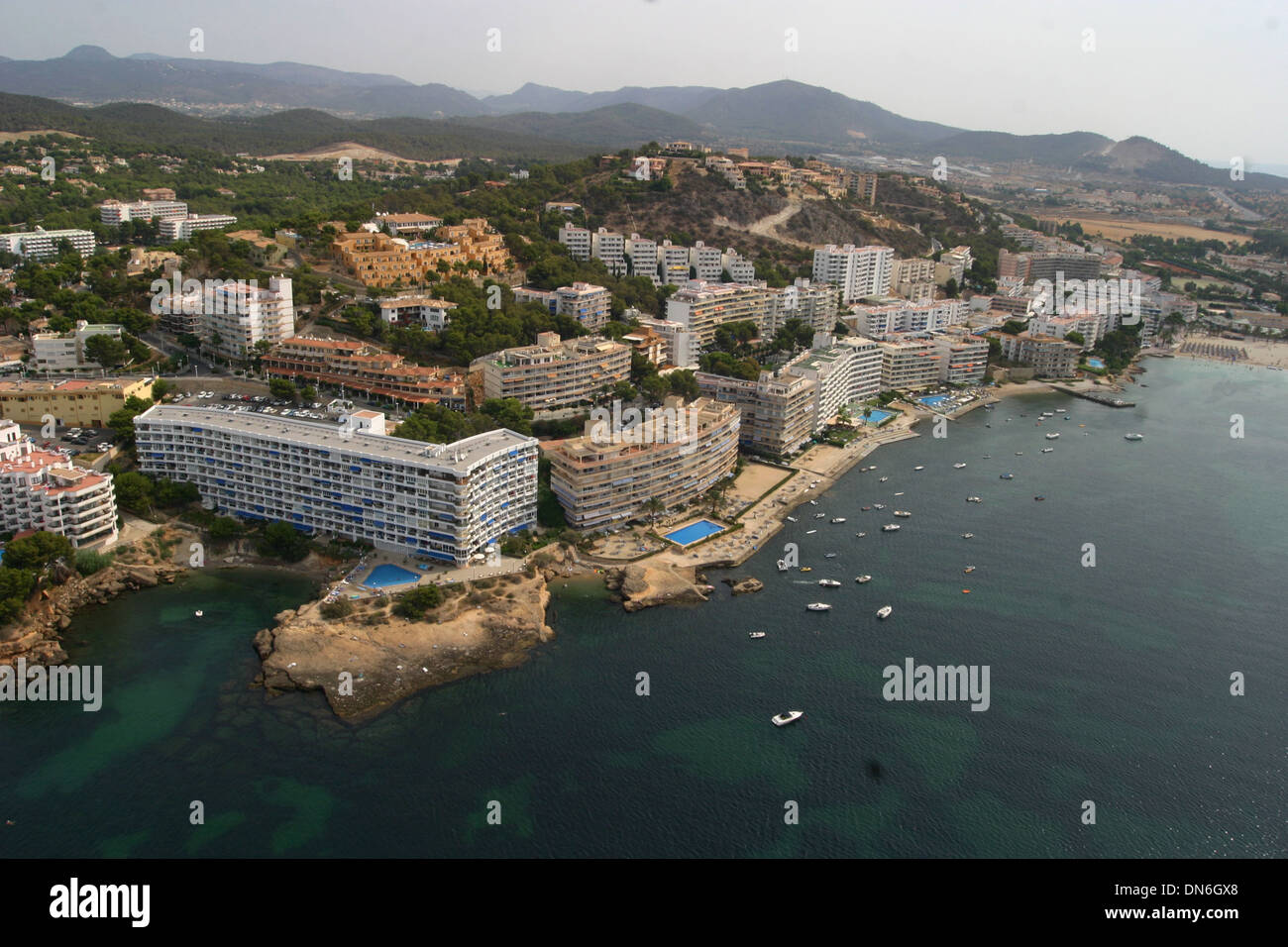 Aerial view from a populated shore are in the island of Majorca, Spain ...