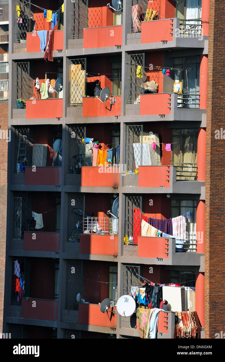 The dilapidated balconies of a block of flats in Johannesburg, South ...