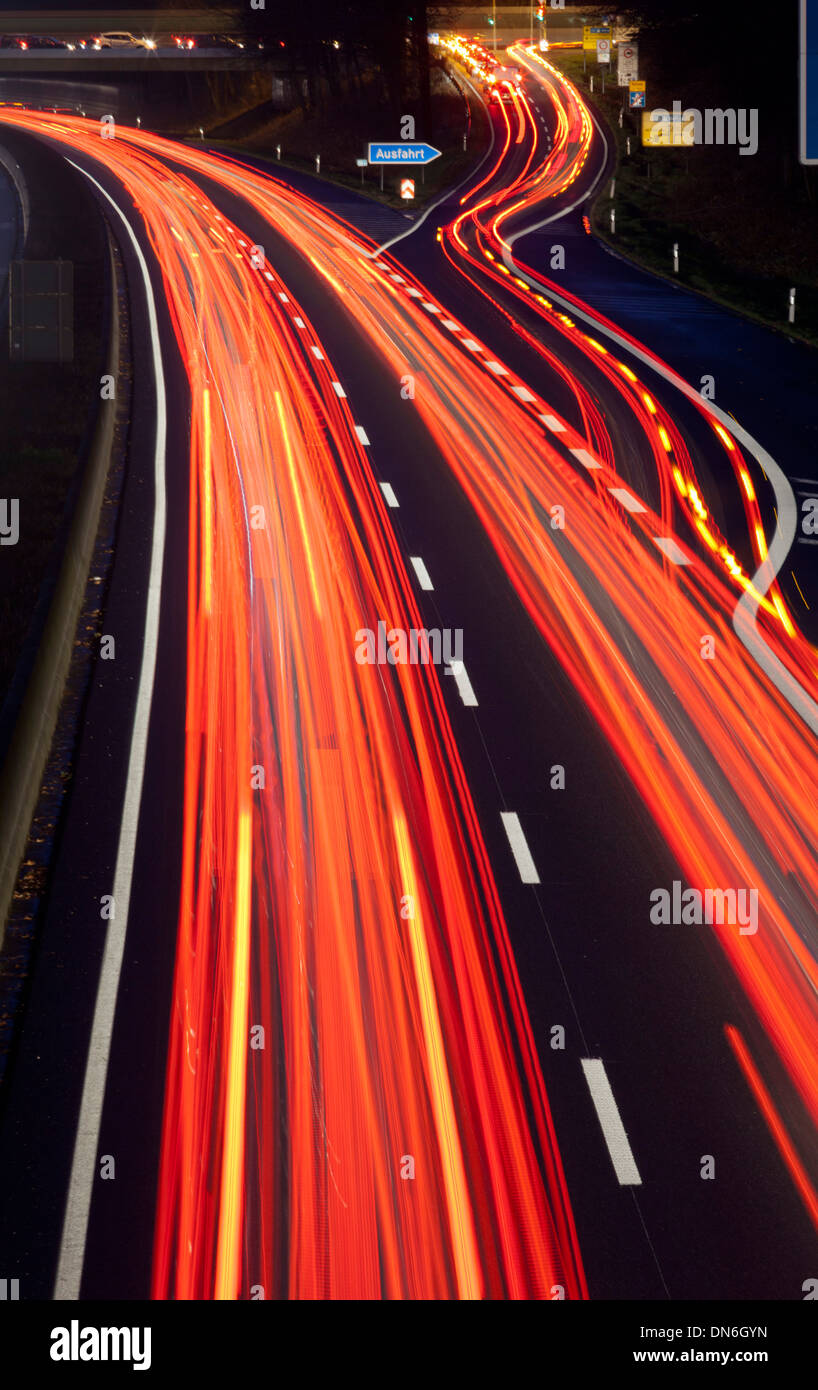 Traffic trails on Germany's A40 Autobahn, motorway, at dusk, Mülheim an ...