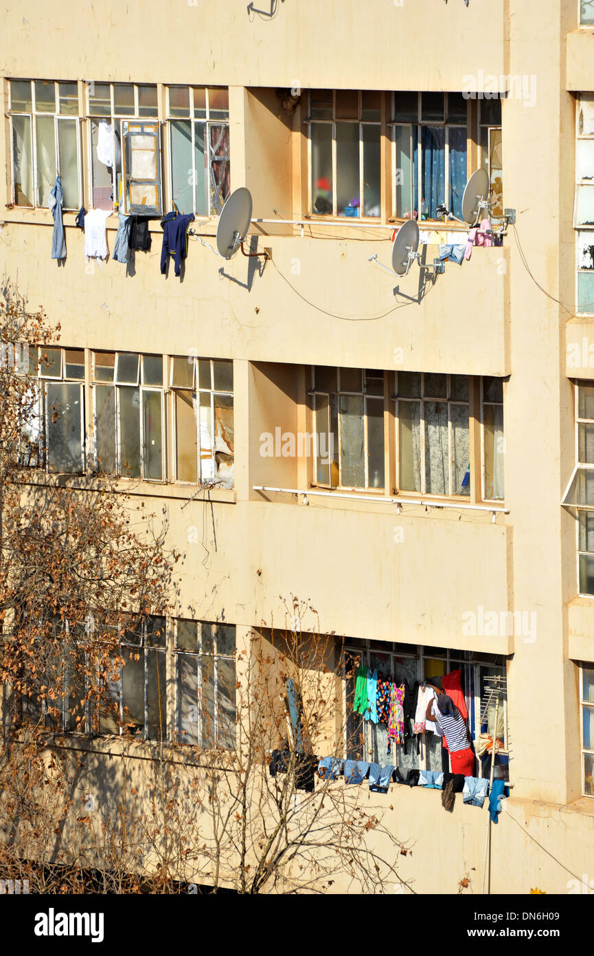 The dilapidated balconies of a block of flats in Johannesburg, South ...